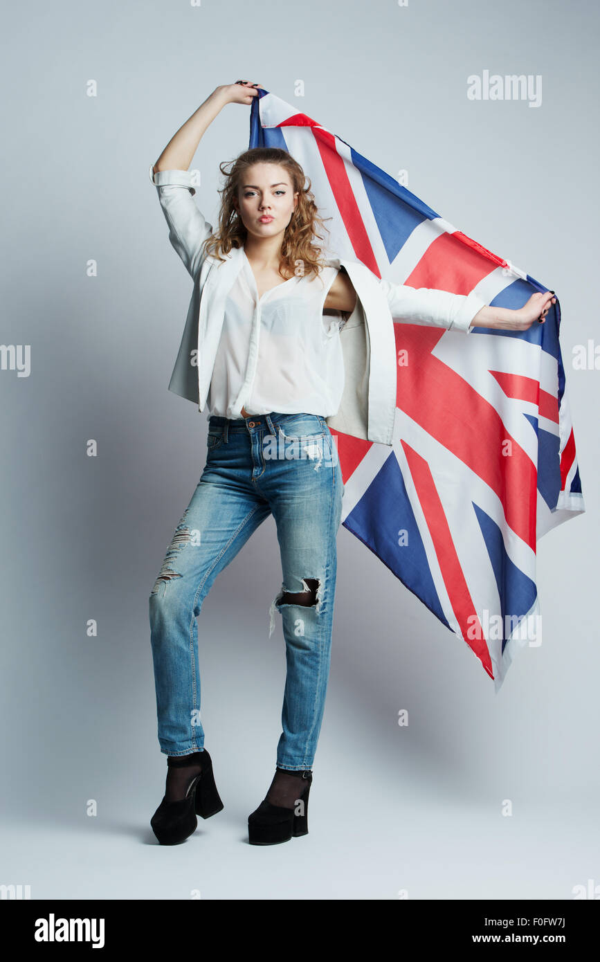 beautiful girl with flag of Britain Stock Photo - Alamy