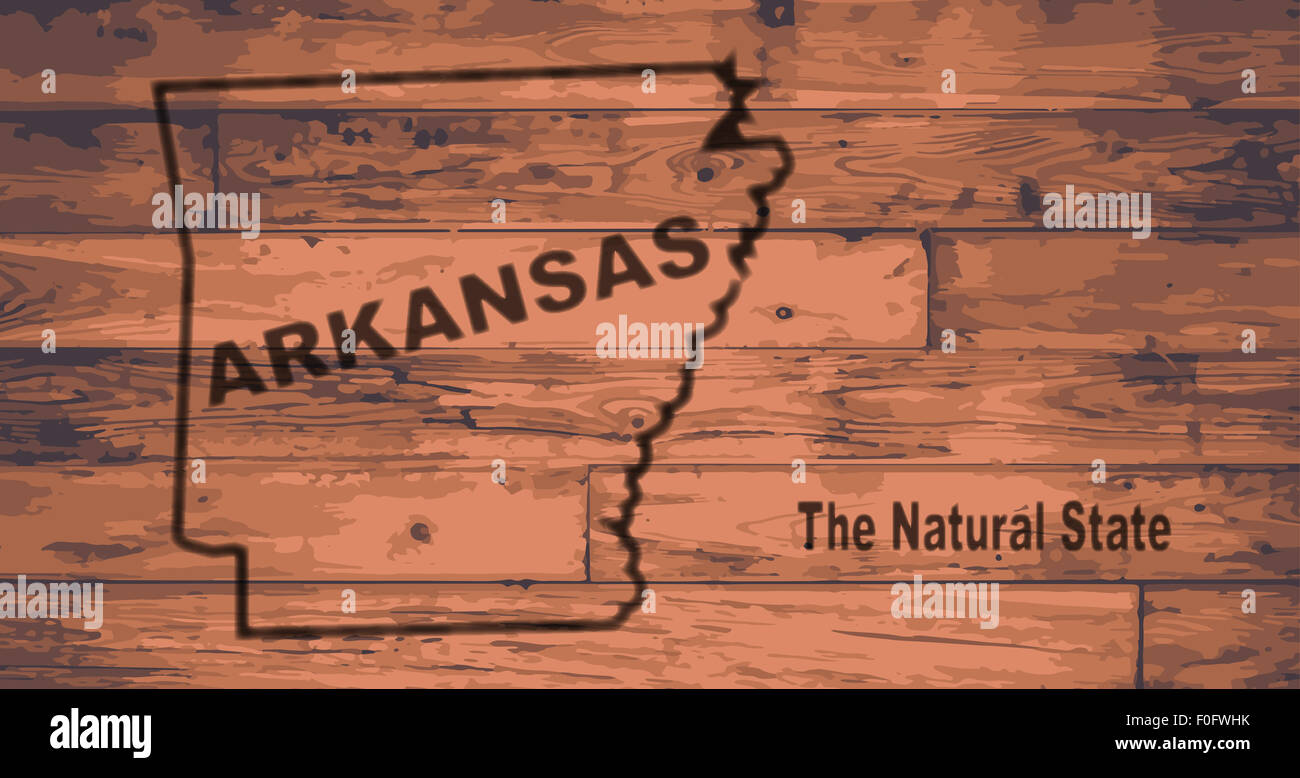 Arkansas state map brand on wooden boards with map outline and state ...