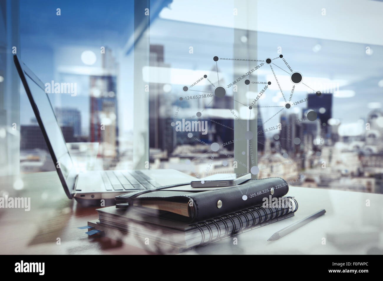 double exposure of Office workplace with laptop and smart phone on wood ...