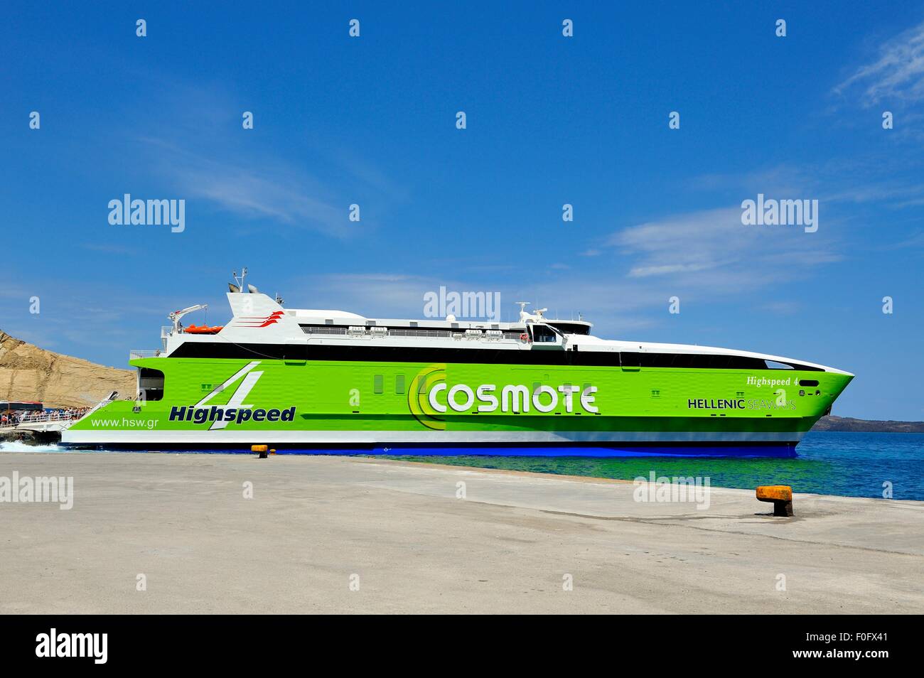 A Cosmote hellenic high speed 4 ferry leaving Santorini Greece Stock ...