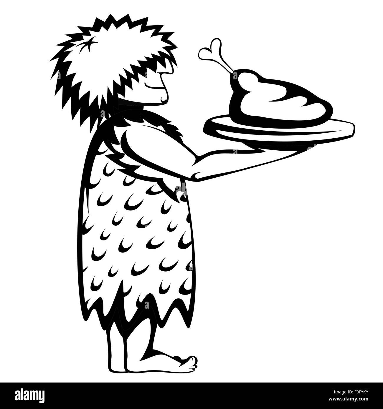 Silhouette of a prehistoric waiter with a tray and paleo food (cartoon ...