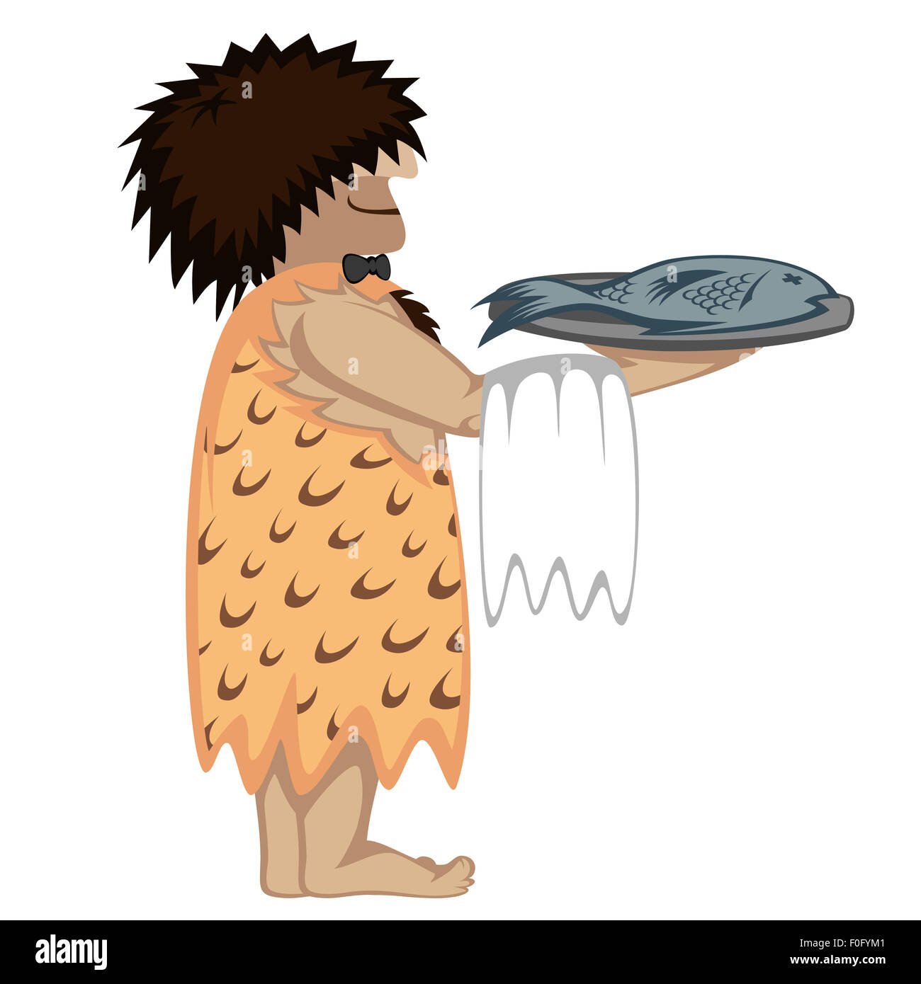 Paleo waiter - Prehistoric waiter with a tray and a fresh fish (cartoon ...
