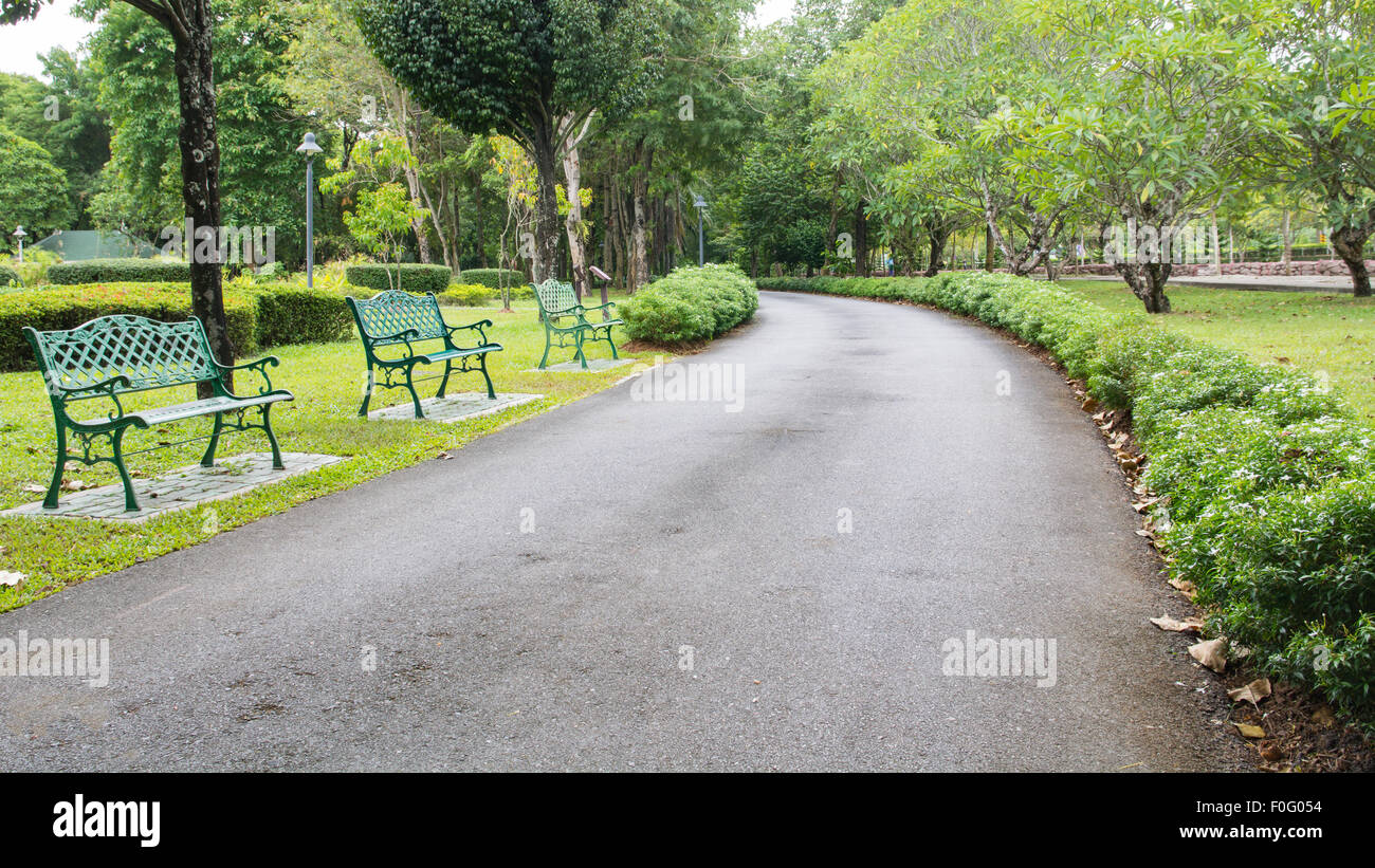 relaxing bench, chair, stool beside walkway in the public park, wait ...