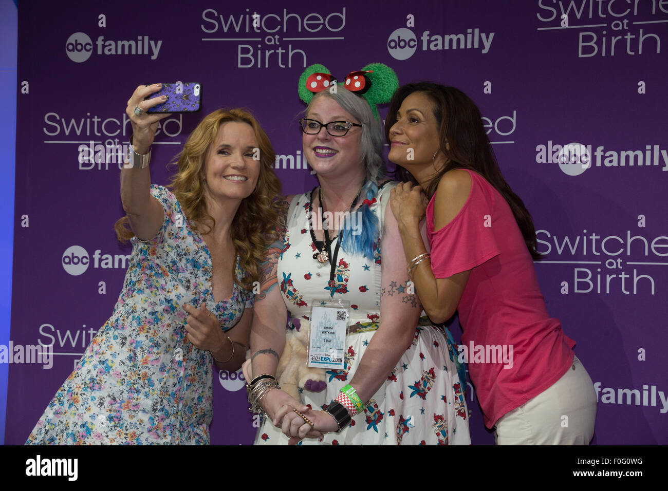 Anaheim, California, USA. 14th Aug, 2015. Fan Erica Watkins takes a ...