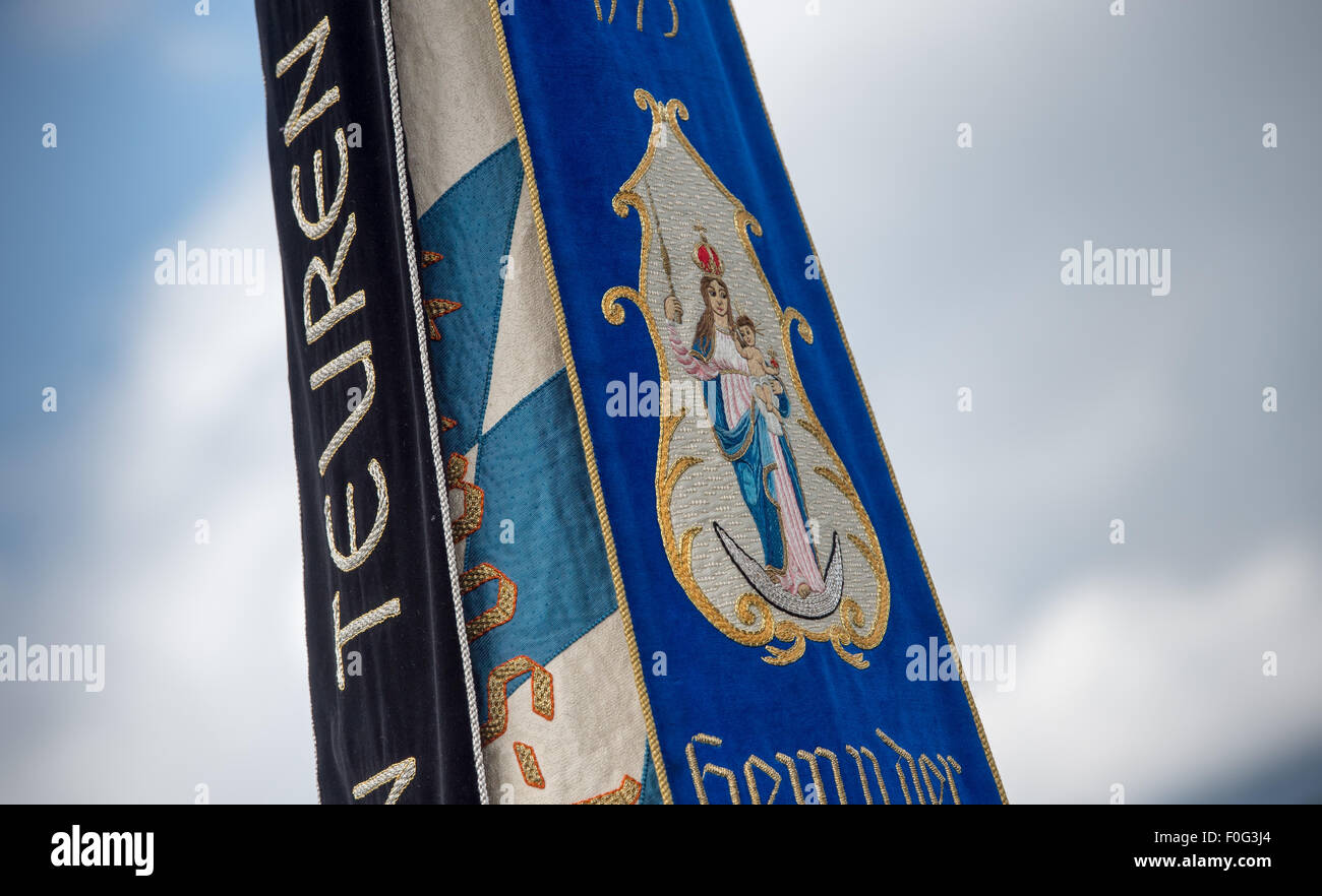 Kochel am See, Germany. 15th August, 2015. A pennant depicting Mary has ...