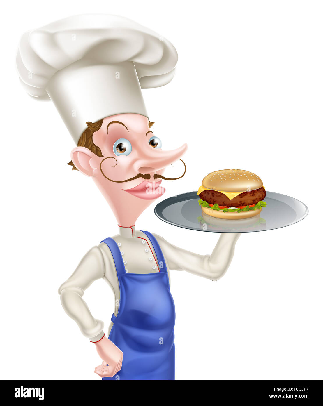 An illustration of a cartoon chef holding a tray with a burger on it ...