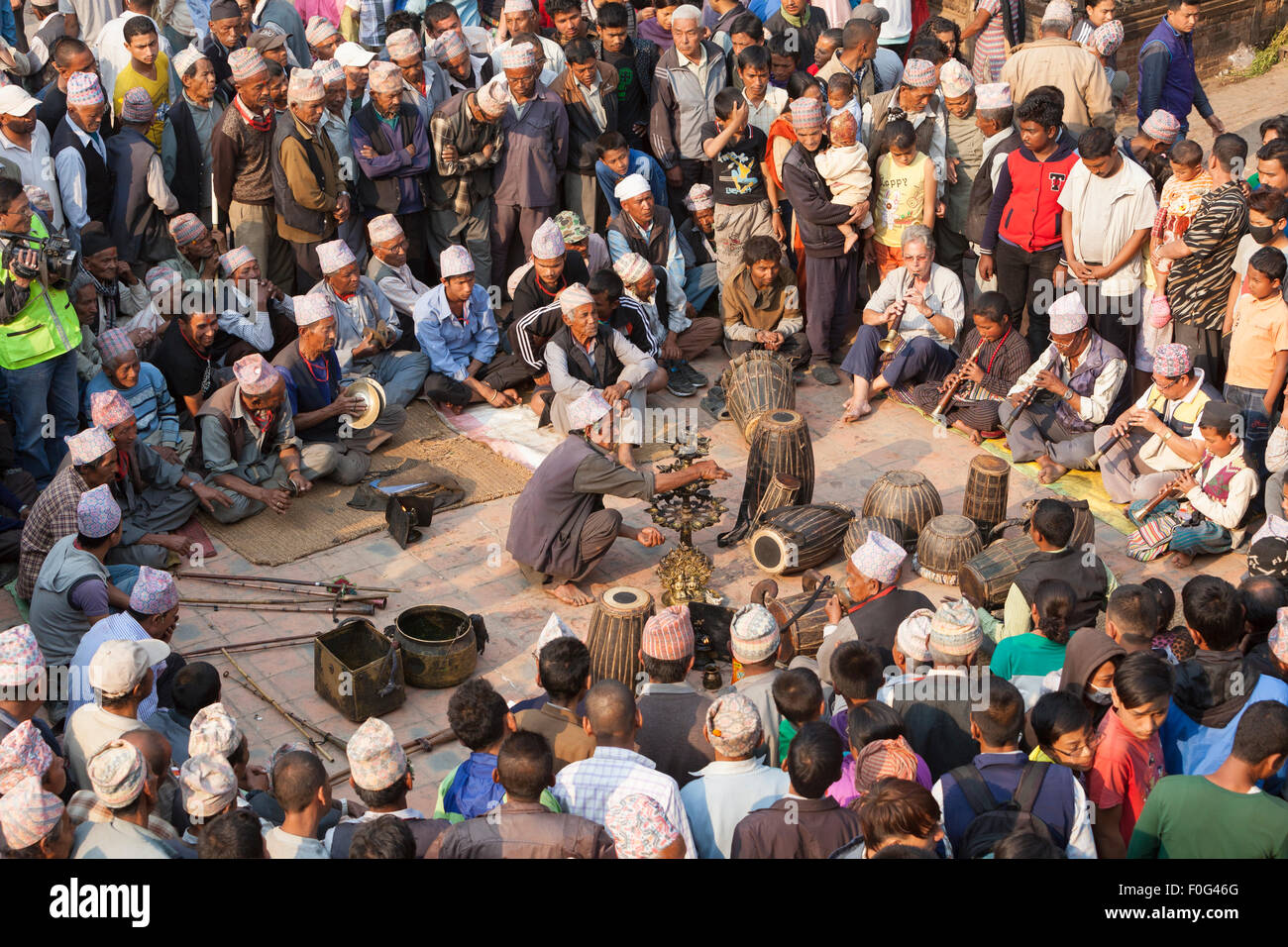Traditional musical instruments played in Taumadhi Tole square during ...