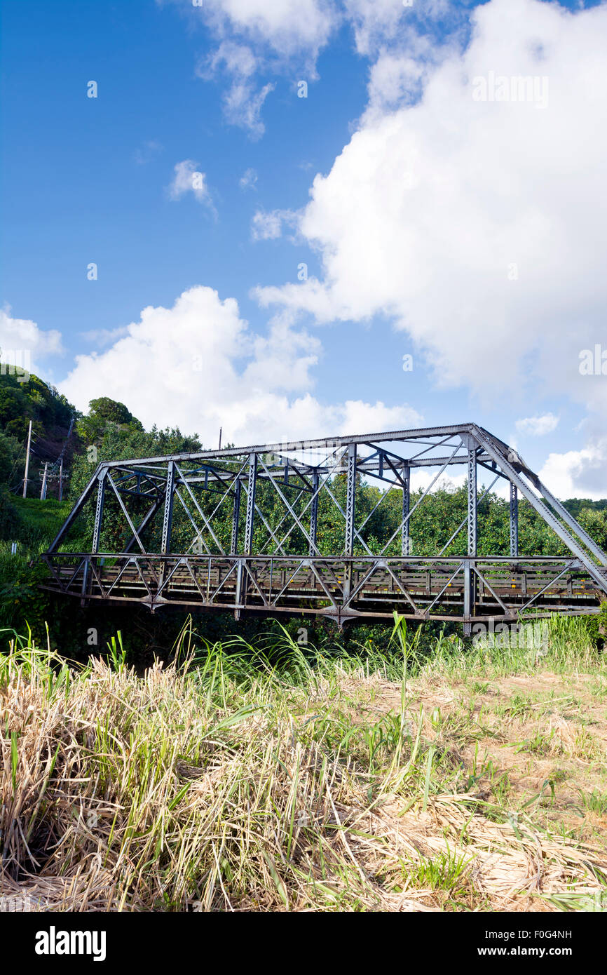 A bridge in Kauai, Hawaii allows drivers to cross a river fed by local ...