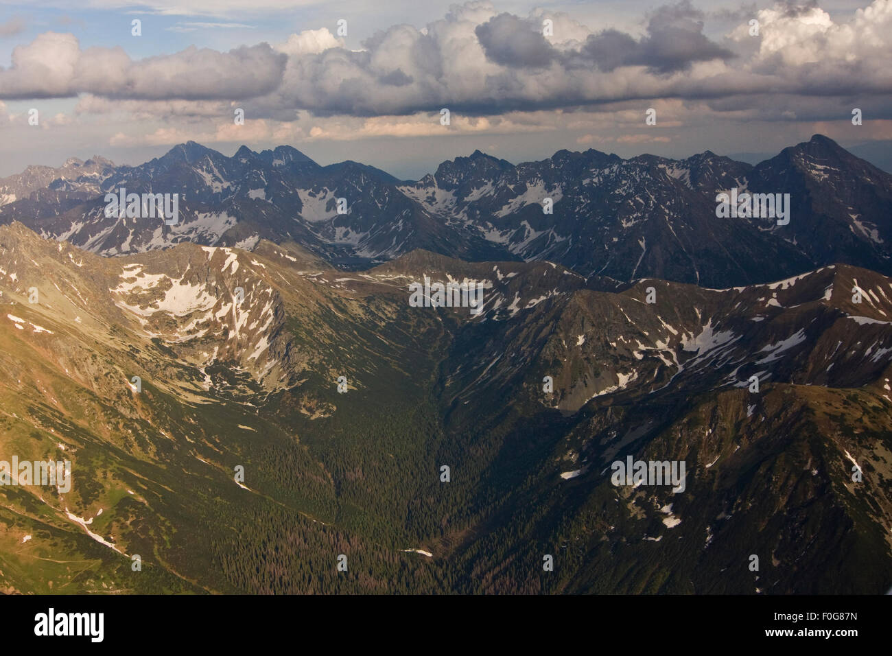 Aerial view of the end of Ticha valley and the High Tatras with Mount ...