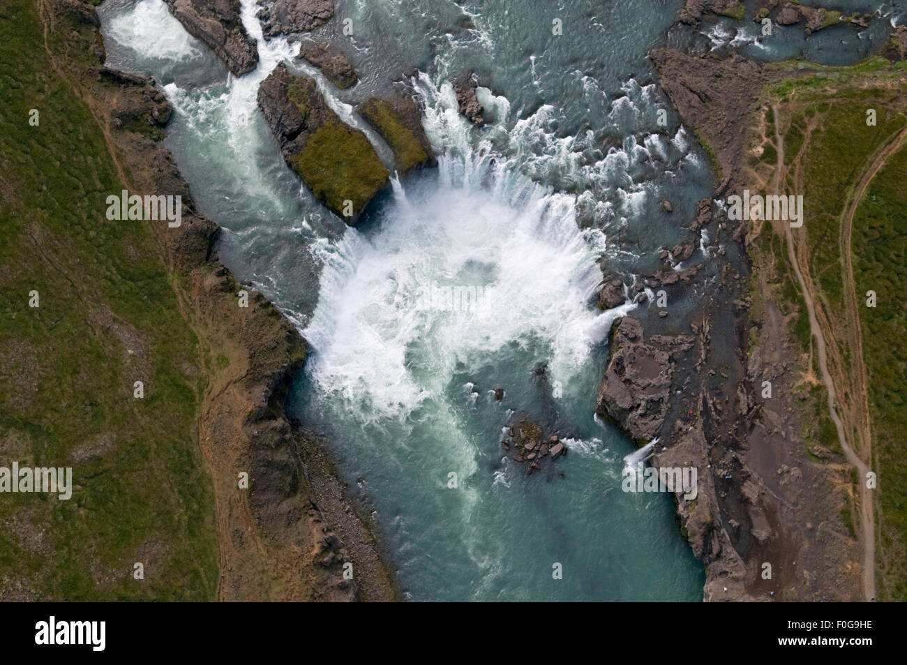 Aerial view of Godafoss waterfall on the Skjalfandafljot River ...