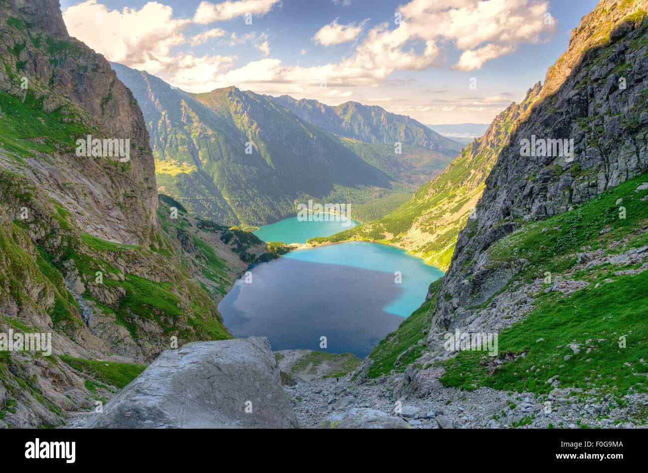 Two lakes in mountains. Two blue mountain lakes surrounded by high ...