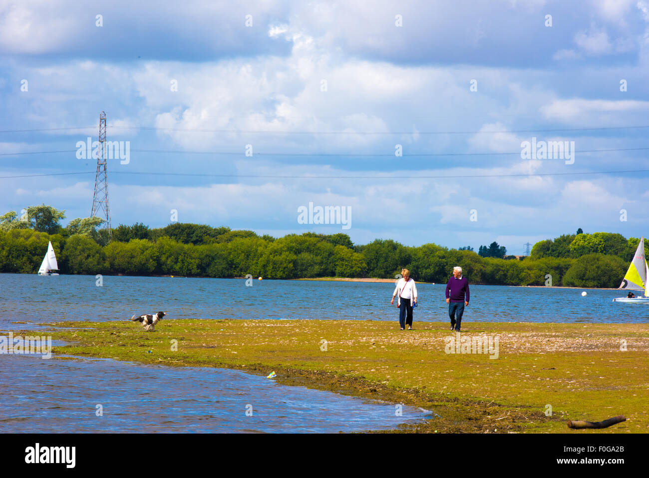 People sailing on the Reservoir and an old couple walking their dog at ...