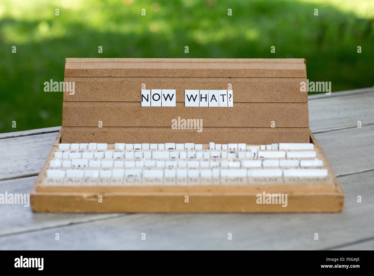 the word "now what?" on an old school letter box Stock Photo - Alamy