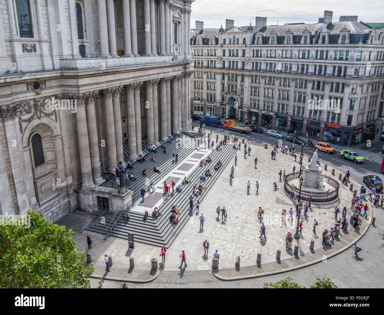 An aerial view of the steps and forecourt of St Paul's cathedral with ...