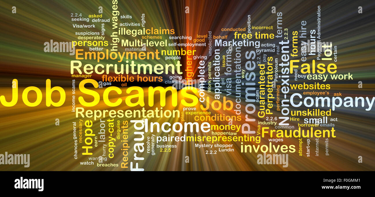 Background concept wordcloud illustration of job scams glowing light ...