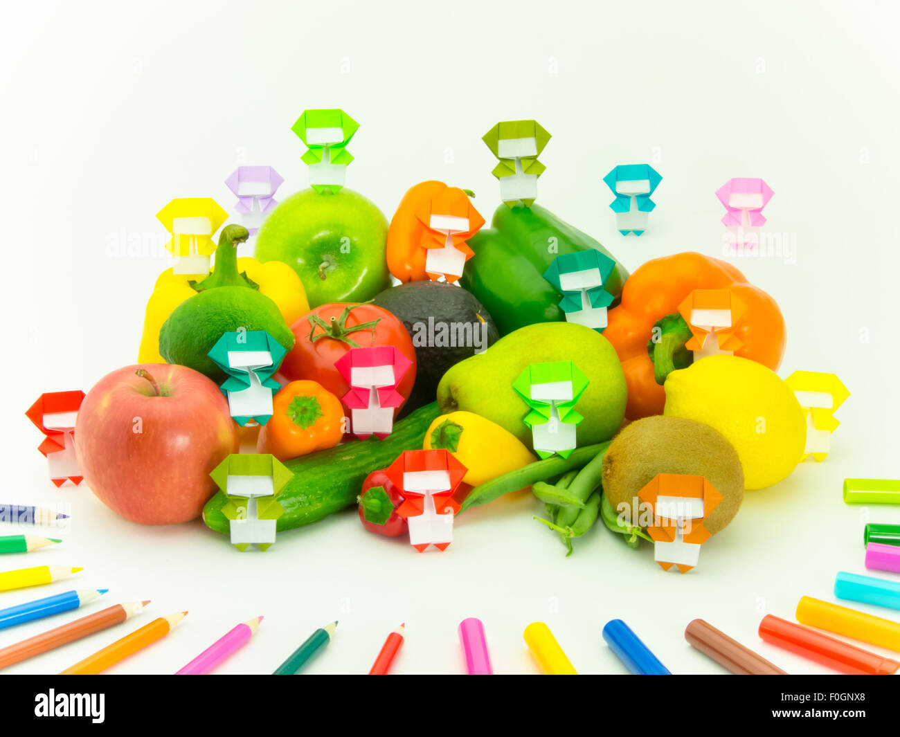 Colorful origami Ninja playing with the vegetables and fruits Stock ...