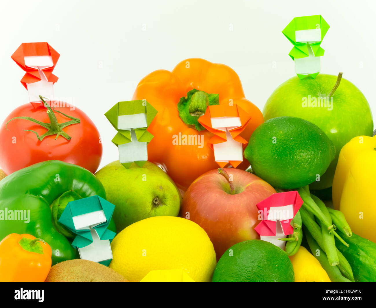 Colorful origami Ninja playing with the vegetables and fruits Stock ...