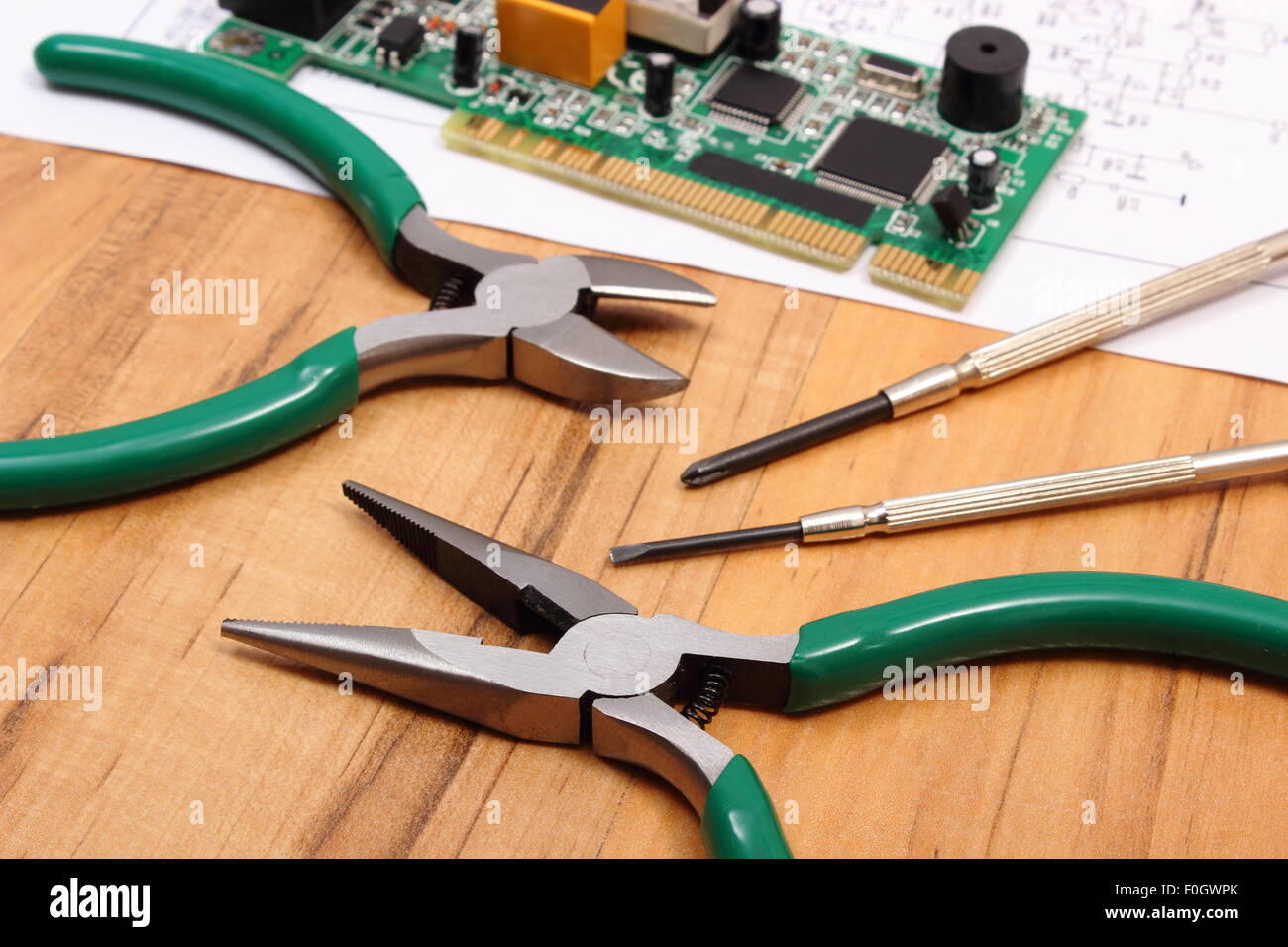 Printed circuit board with electrical components, precision tools and ...