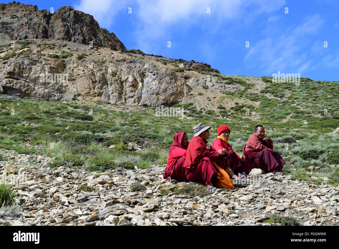 Buddhist monks in Himalayas Mountains at Ladakh India Jammu and Kashmir ...