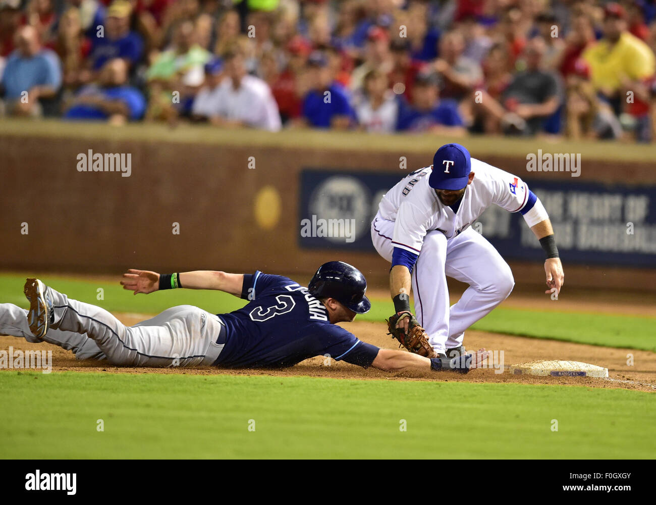 AUG 15, 2015: .Texas Rangers first baseman Mitch Moreland (18) catches ...