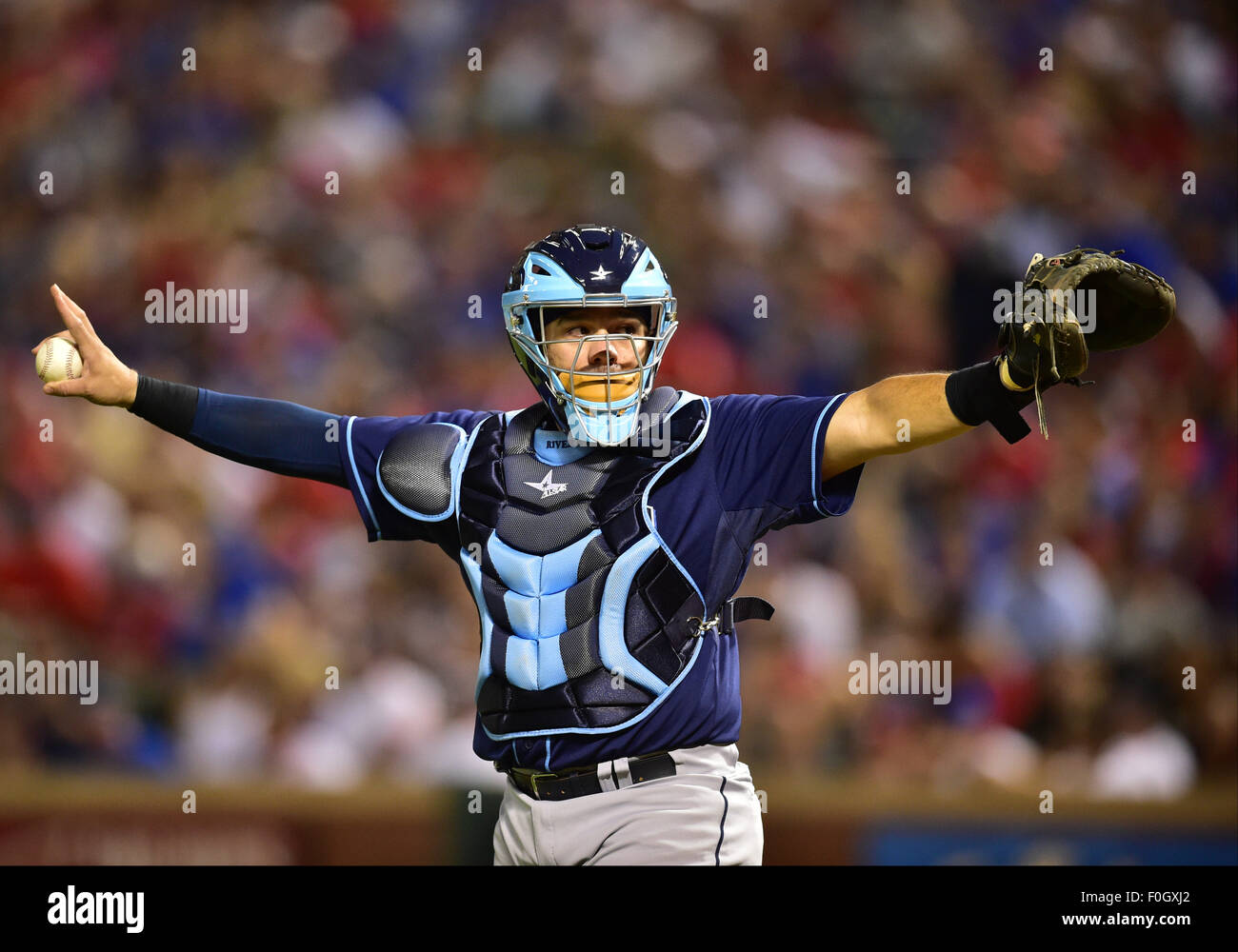 AUG 15, 2015: .Tampa Bay Rays catcher Rene Rivera (44) tries to settle ...