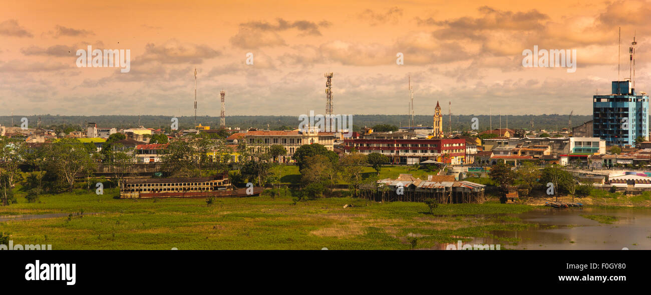Iquitos from the air on the River Amazon, landmark buildings and ...