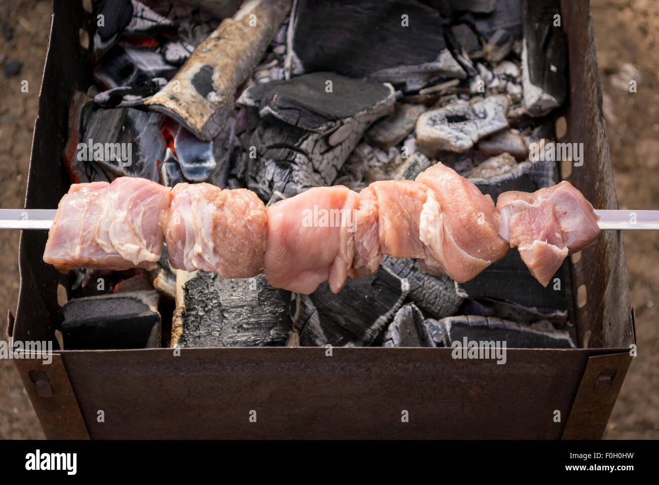One skewer with raw meat ready for roasting Stock Photo - Alamy