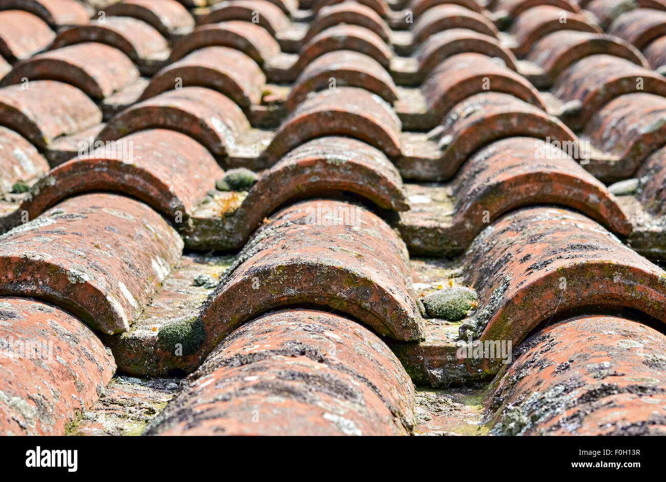 Closeup of the dirty and worn roof on an old house in the village Stock ...