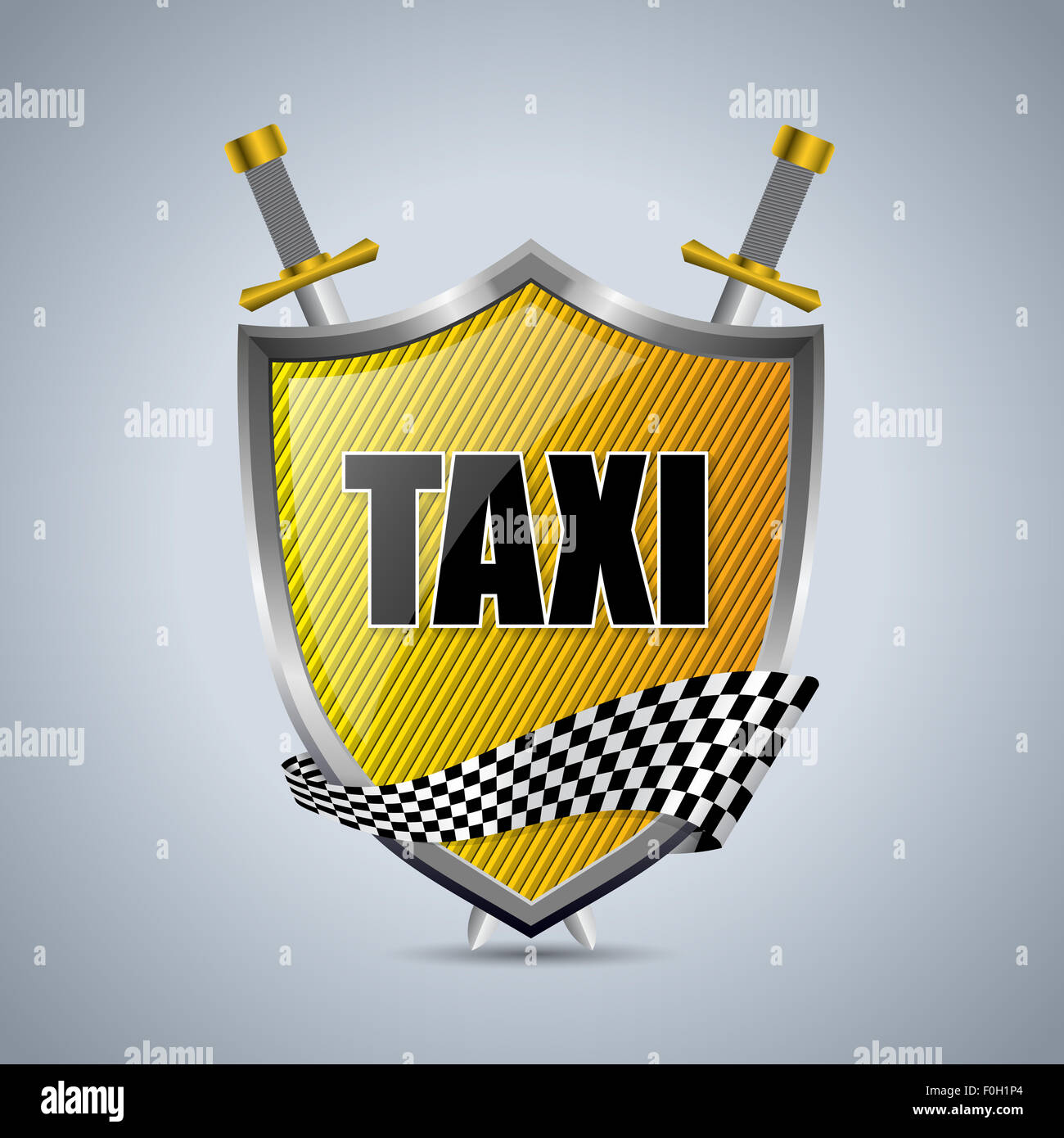 Metallic taxi shield badge with checkered ribbon and swords Stock Photo ...