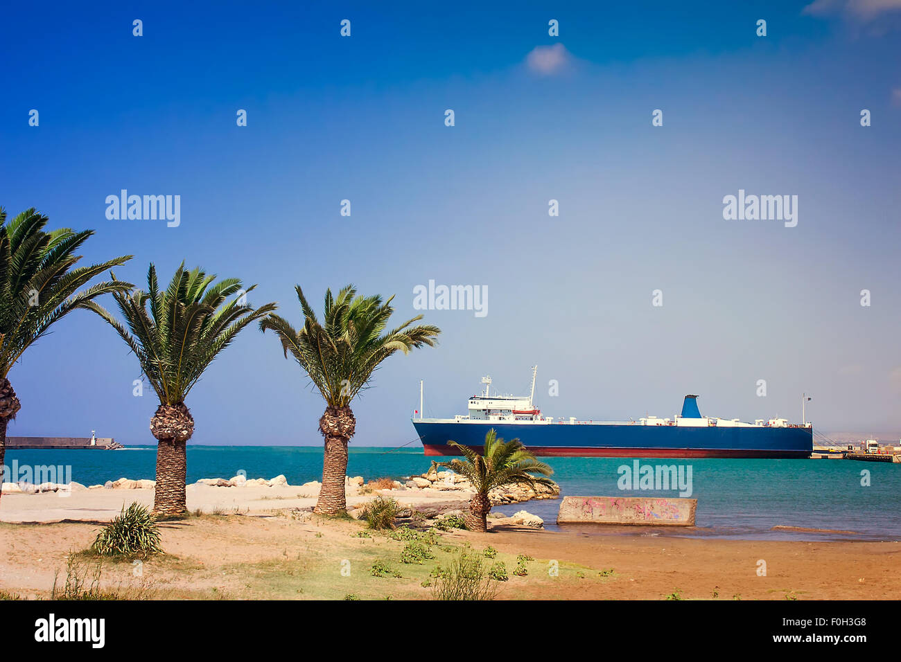 Coast, sea, port, big beautiful ship, Wharf in the town of Rethymno ...