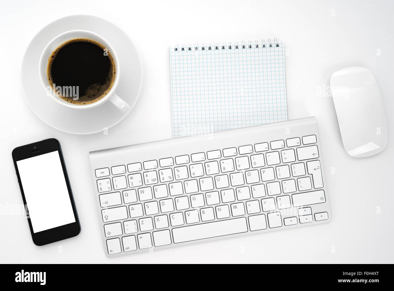 Top view with copy space, office desk table with computer and coffee ...