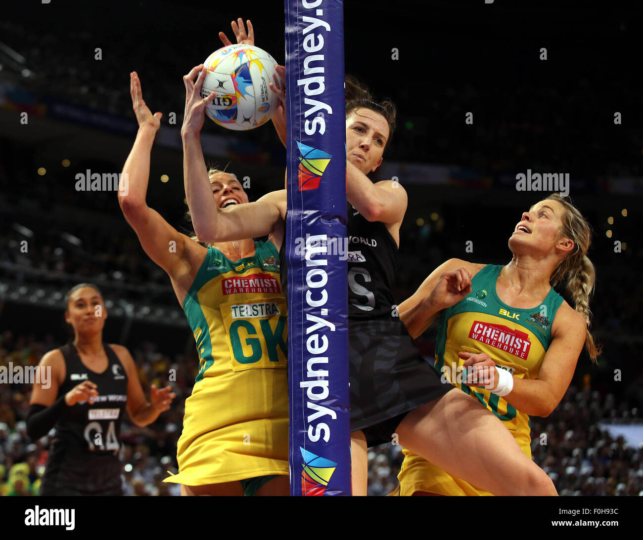Sydney, Australia. 16th Aug, 2015. Bailey Mes takes the ball from Laura ...