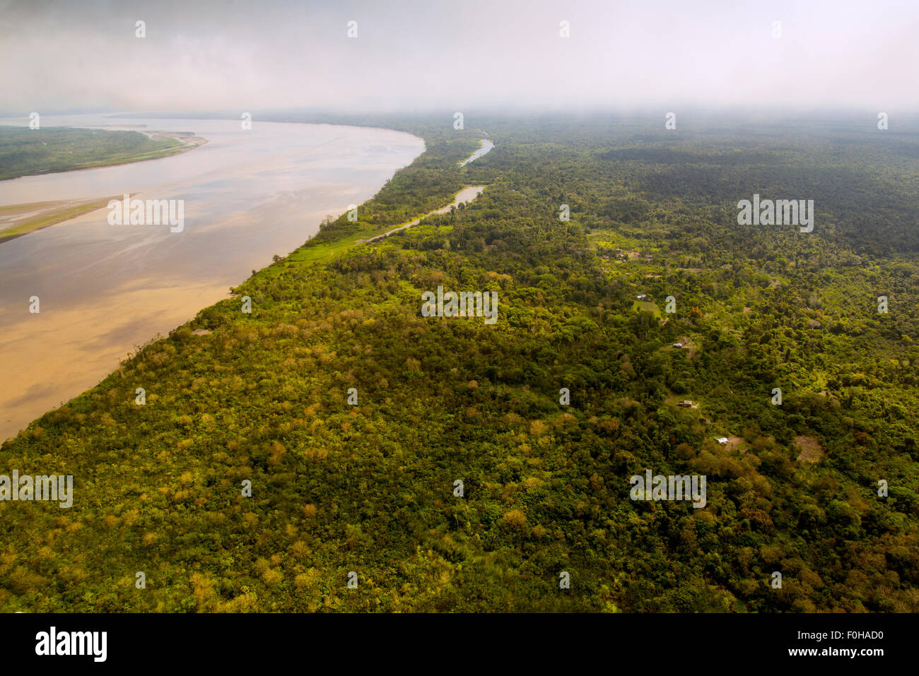 Amazon River aerial, with settlements and secondary rainforest, near ...