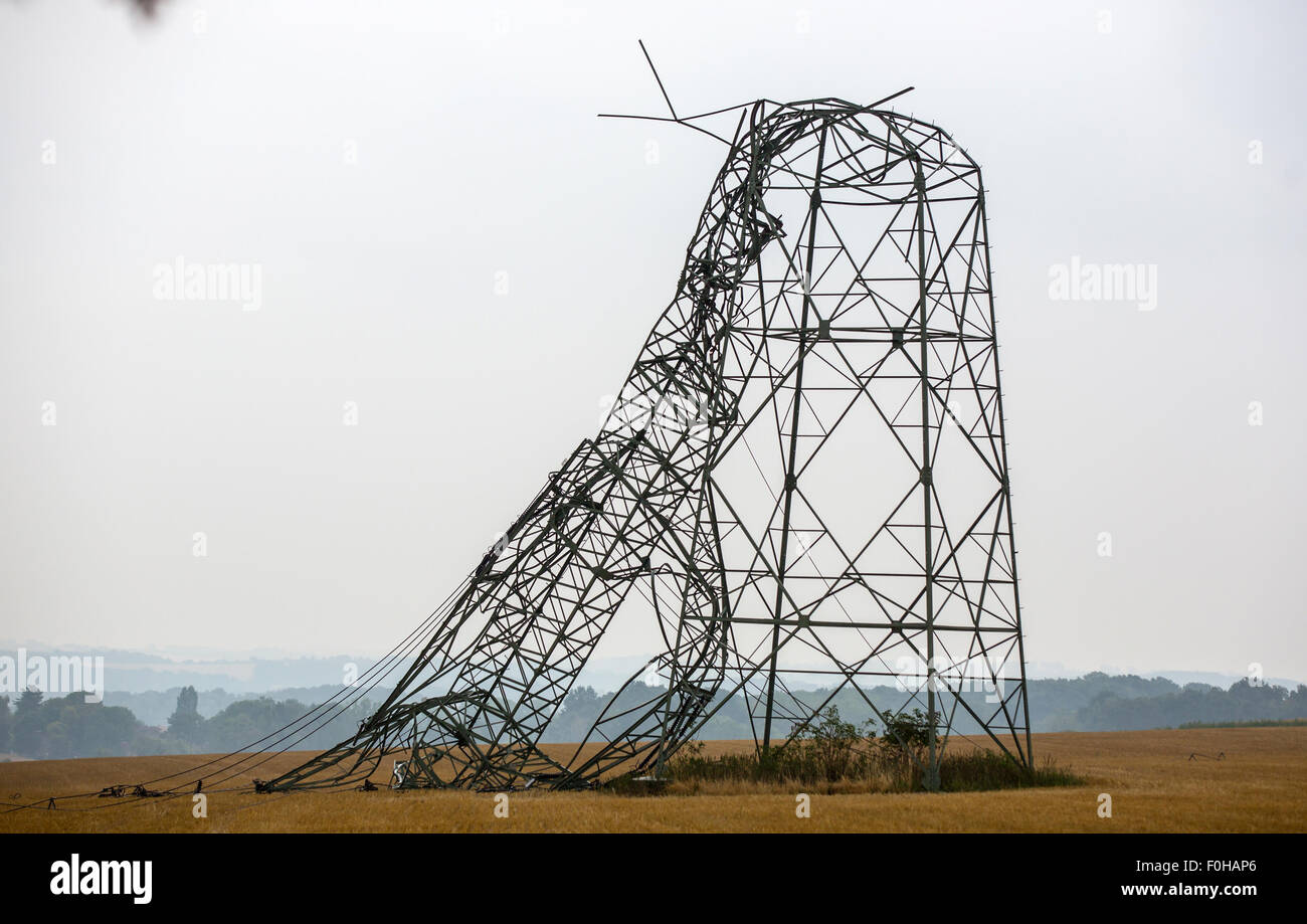 A bent pylon following a severe storm near Schkoelen, Germany, 16 ...