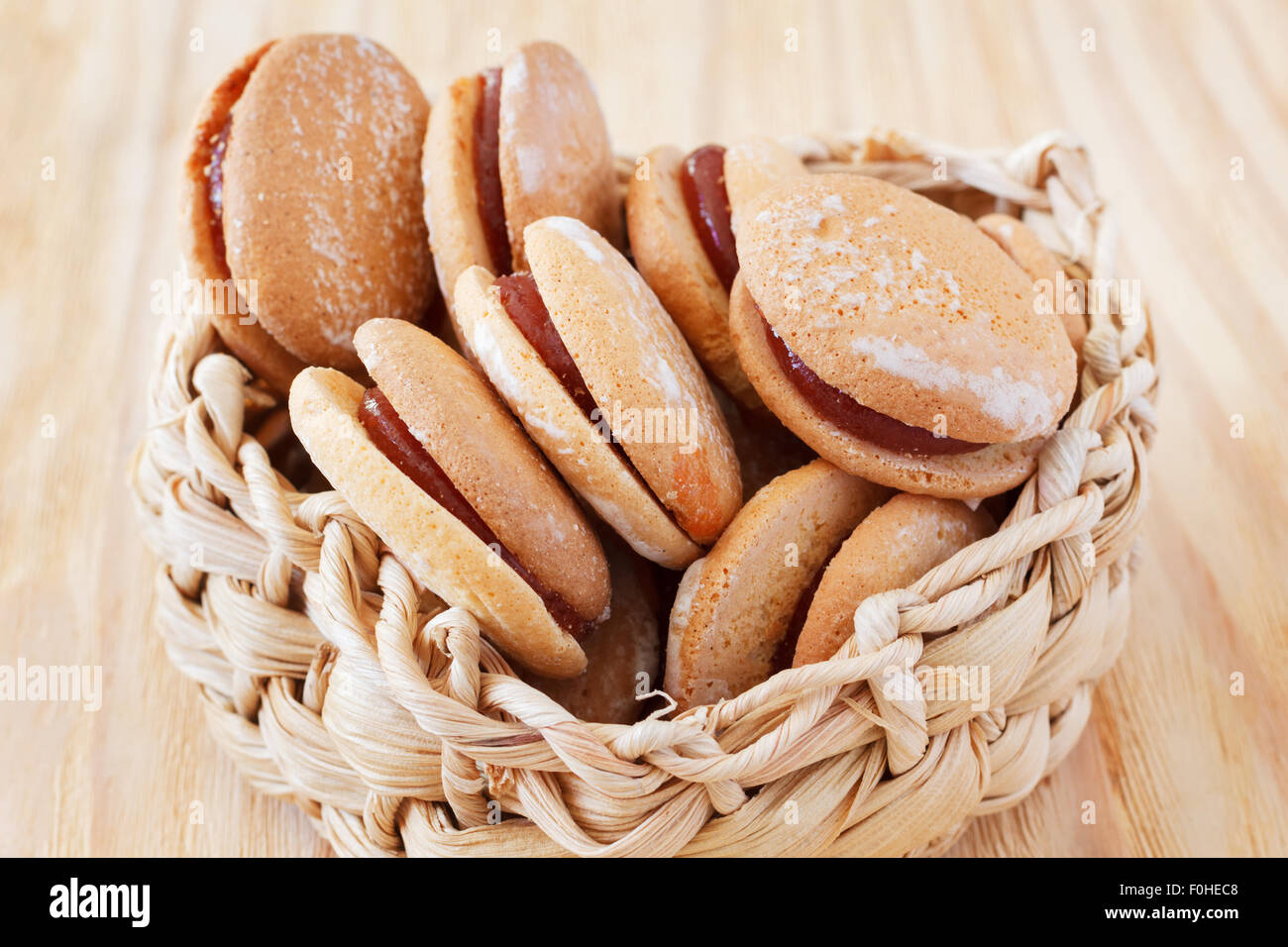 Brazilian dessert cookies of goiabada in wicker basket. Selective focus ...