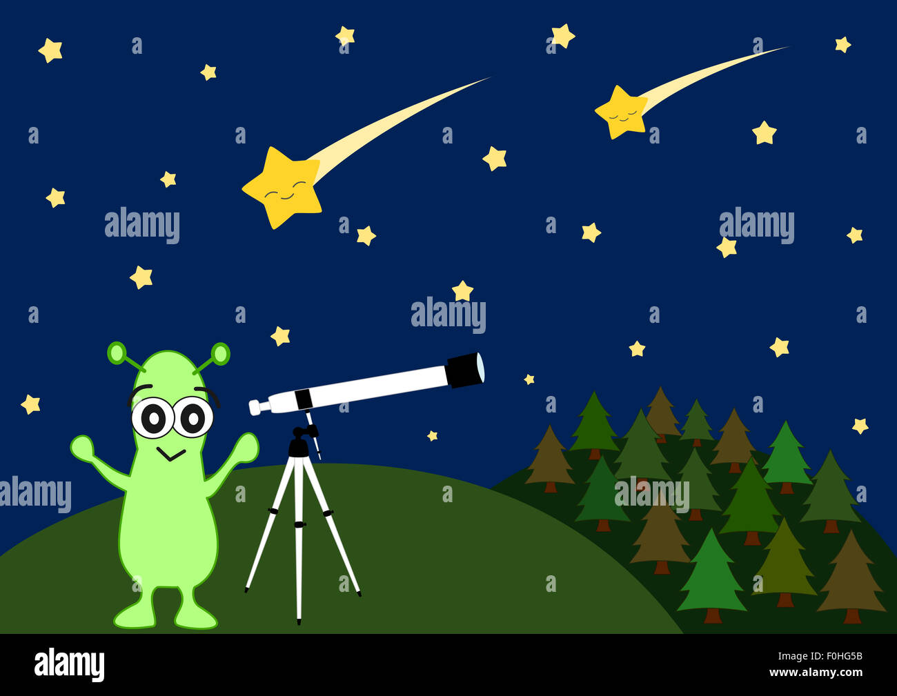 cute cartoon alien watching falling stars with telescope illustration ...