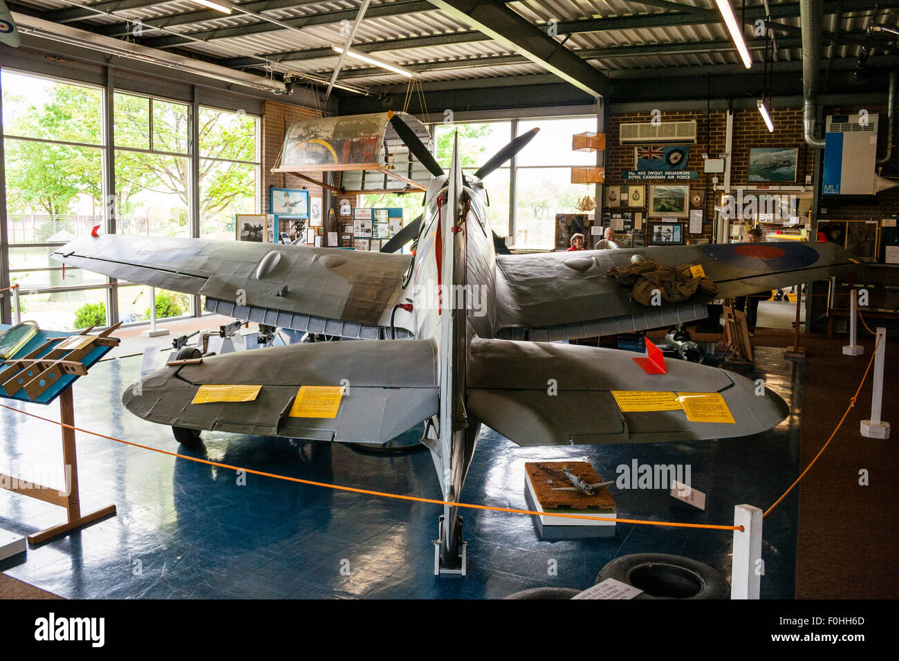Interior of the Spitfire and Hurricane Memorial Museum at Manston, Kent. A Supermarine Spitfire ...