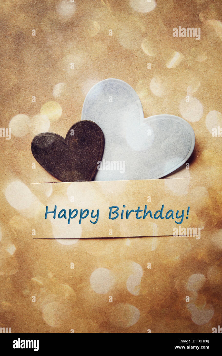 Birthday card with hand-crafted hearts and abstract circle lights Stock ...