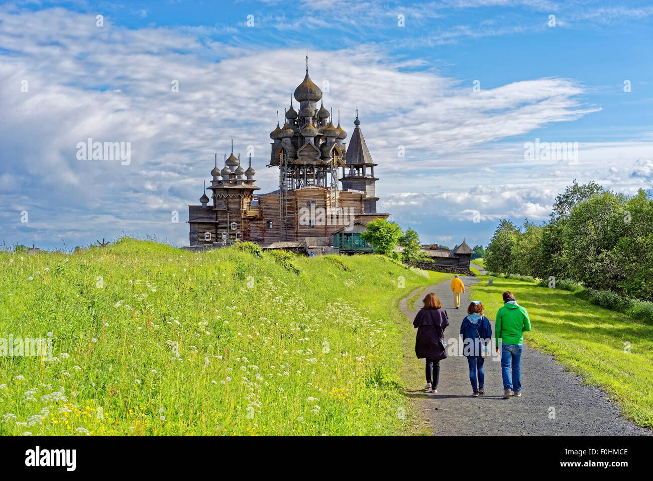 People on the road to the Kizhi site in summer. Kizhi is the UNESCO world heritage site in ...