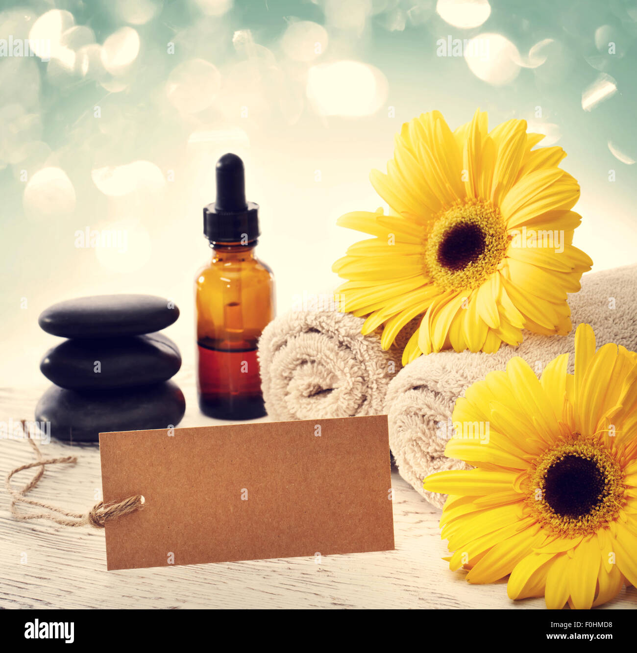 Spa elements with message card over shiny light background Stock Photo ...