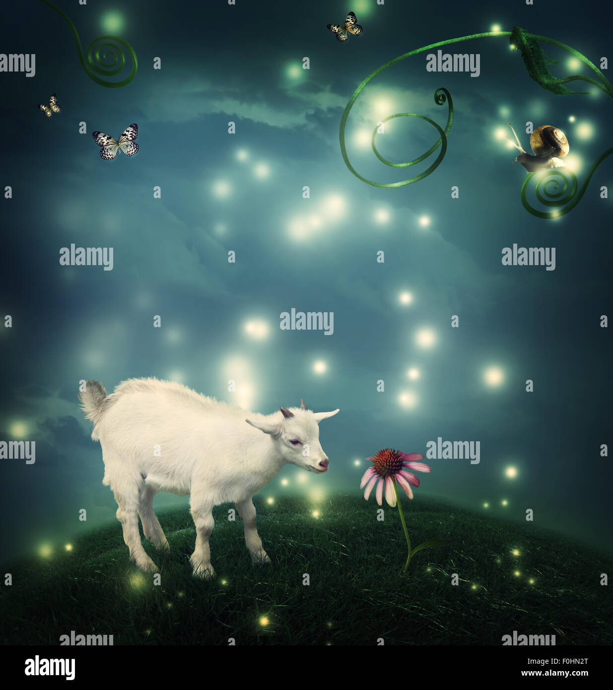 Baby goat in a fantasy hilltop landscape with a snail and butterflies ...