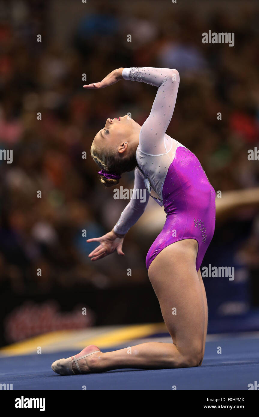 Indianapolis, IN, USA. 15th Aug, 2015. Alyssa Baumann of WOGA competes ...