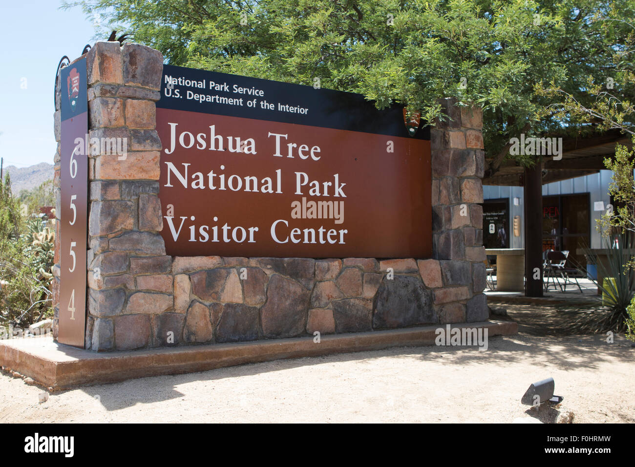 Joshua Tree National Park Visitors Center sign in the Mojave desert of ...