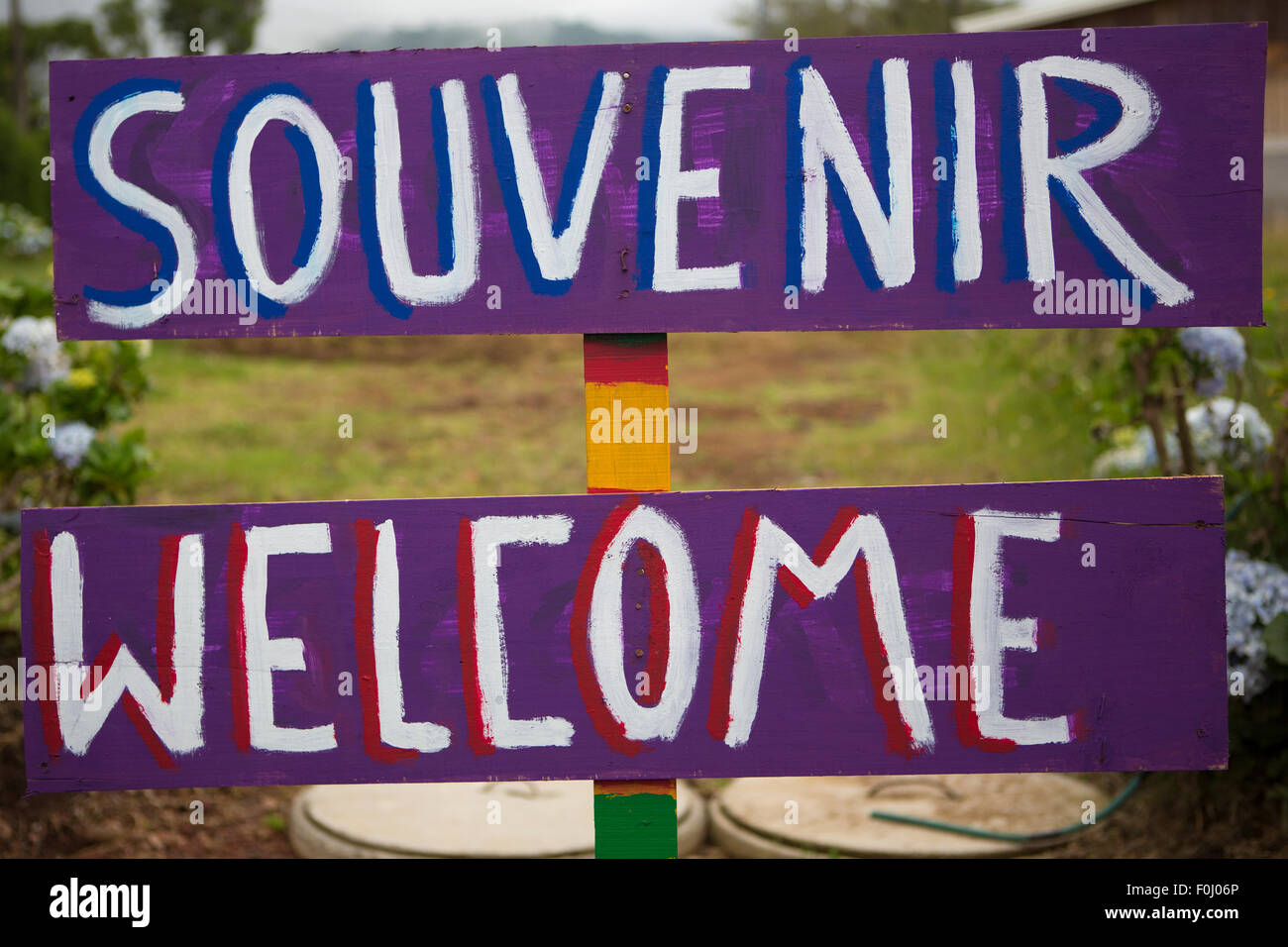 Words Souvenir and welcome sign on the road to the souvenir shops in ...