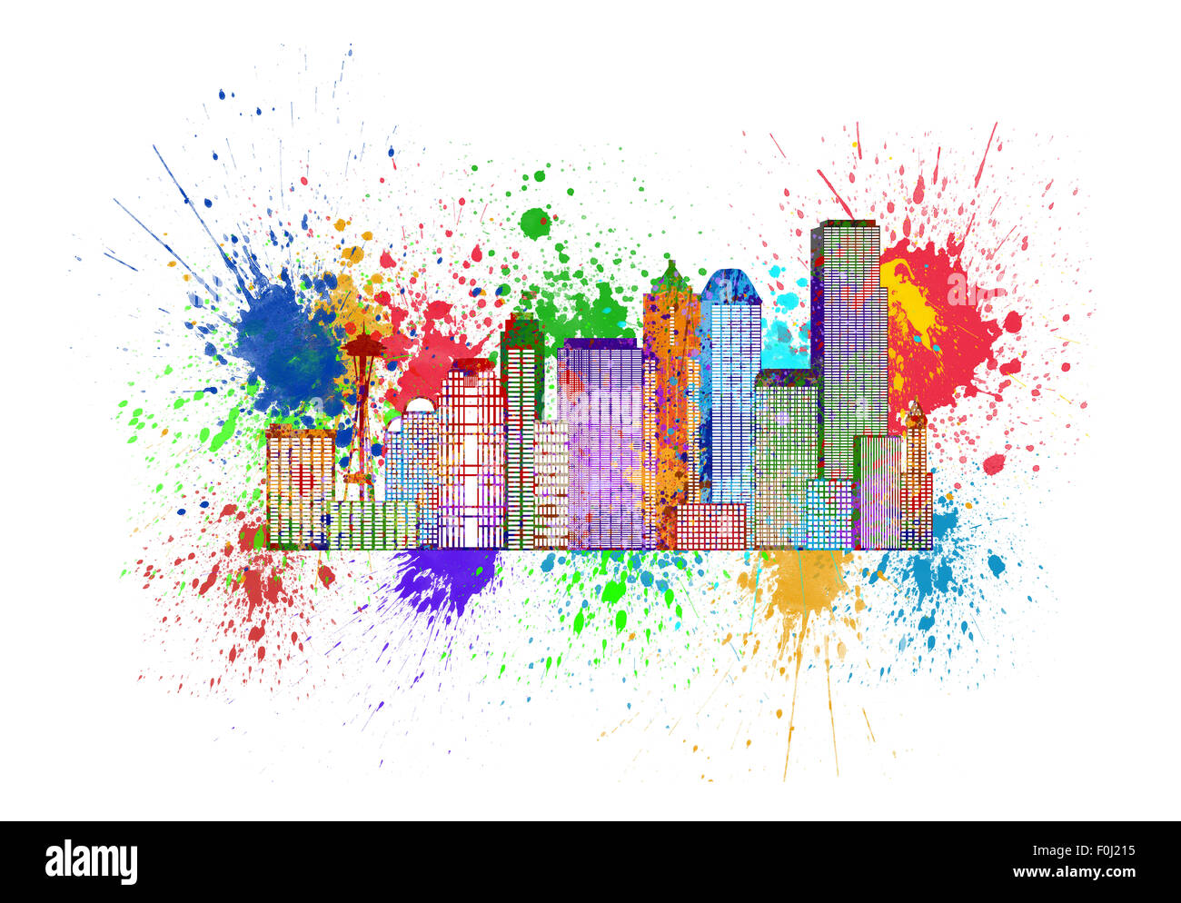 Seattle Washington Downtown City Skyline in Paint Splatter Colors ...