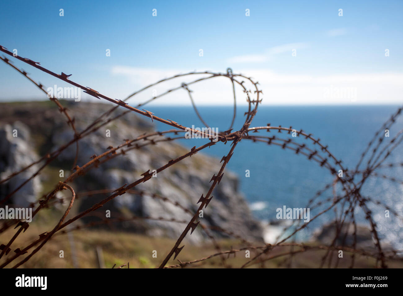 Barbed wire on fence at the memorial of the battle of the Atlantic at ...