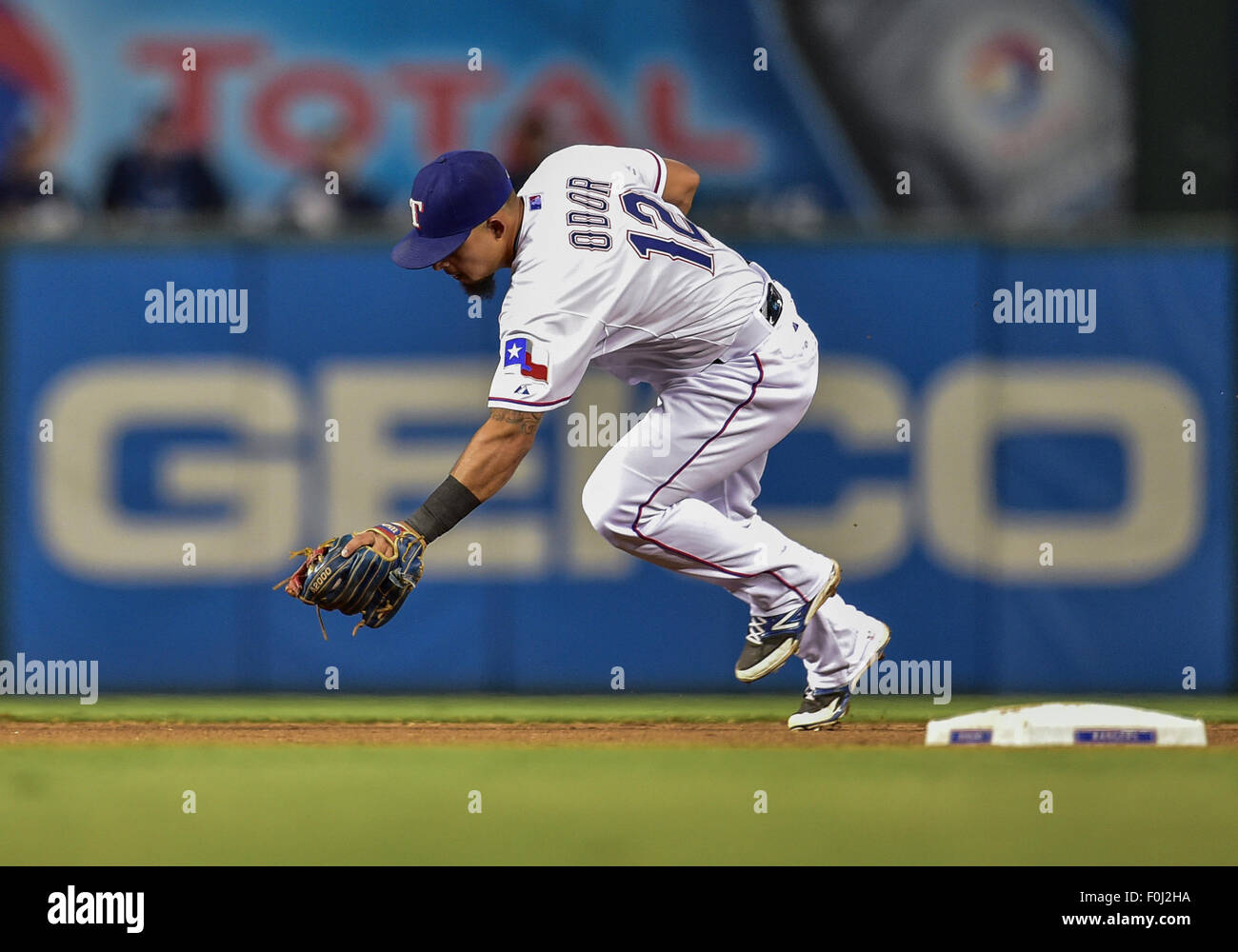 Arlington, Texas, USA. 15th August, 2015. Texas Rangers second baseman ...