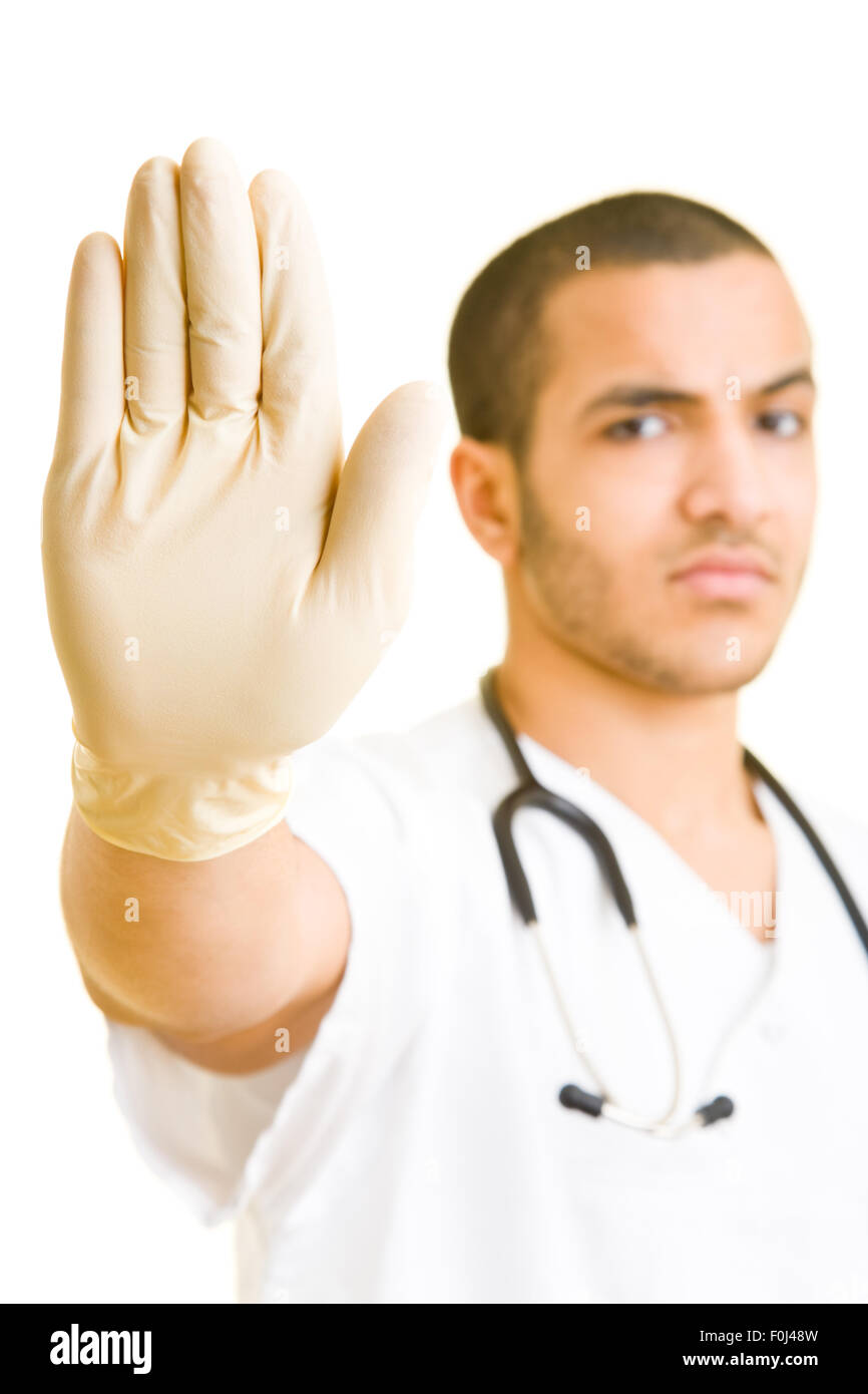 Doctor with plastic glove holding his hand at distance Stock Photo - Alamy
