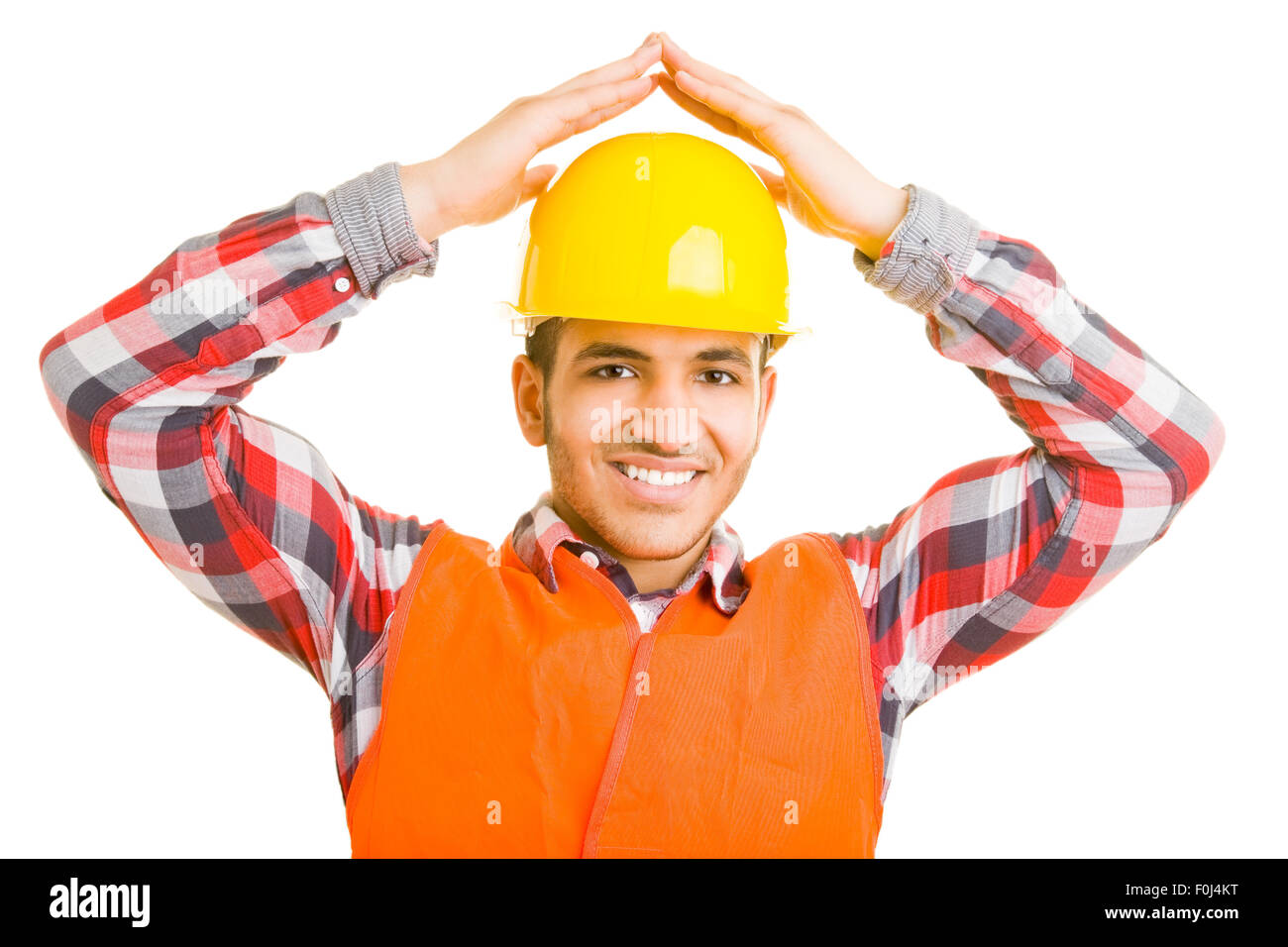 Construction worker showing roof with his hands Stock Photo - Alamy