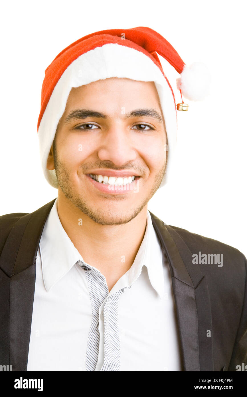 Happy young manager wearing a red christmas hat Stock Photo - Alamy